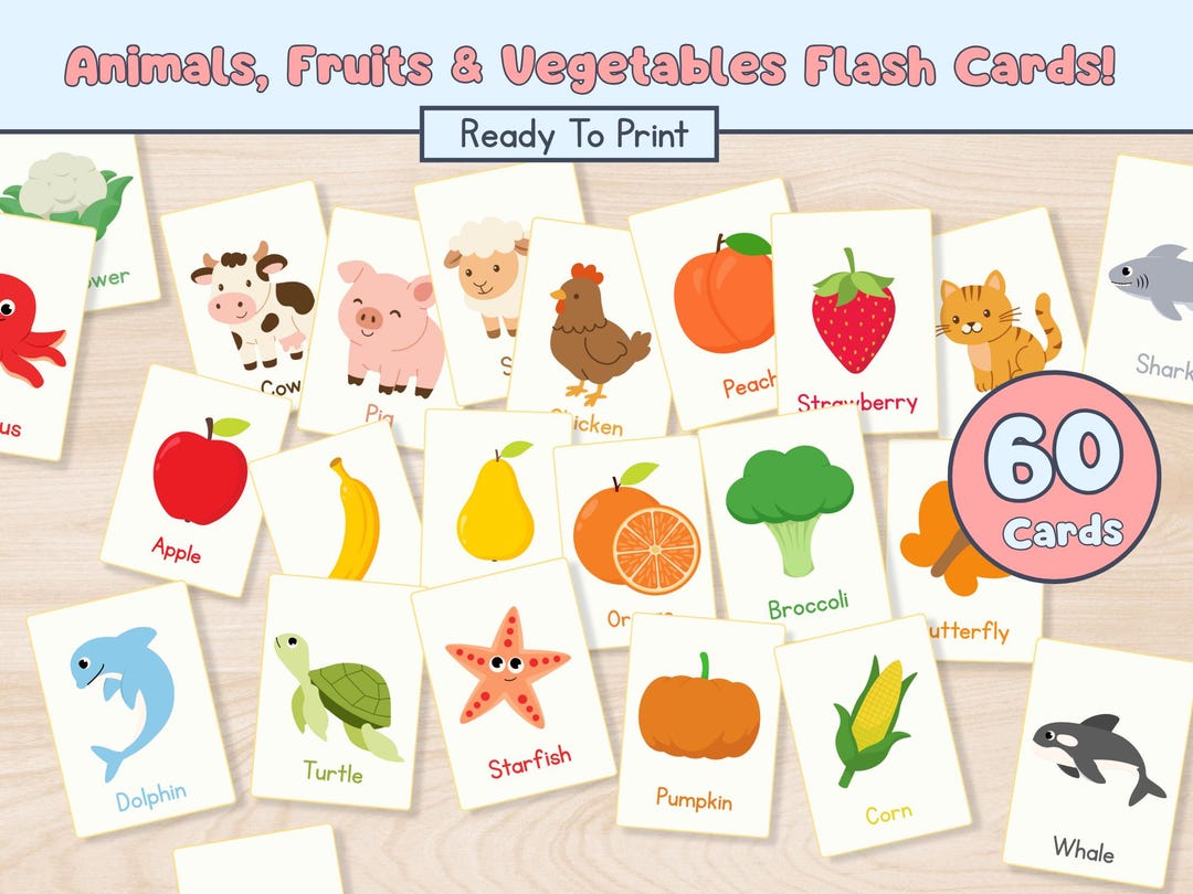 Montessori Flashcards for Toddlers – Animals, Fruits & Vegetables | 60 ...