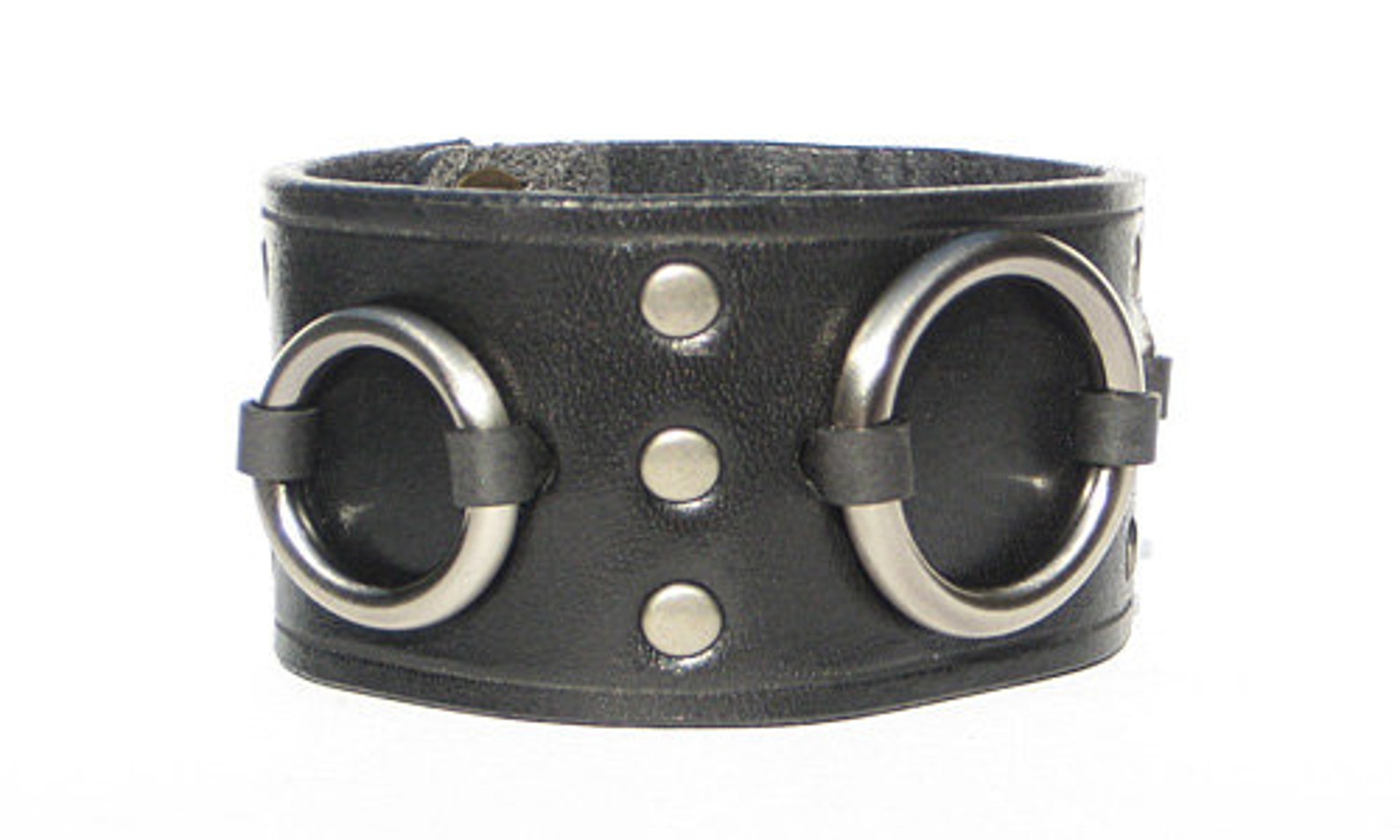 BLACK Leather Wristband 1.75 Wide SILVER Rings Custom - Etsy