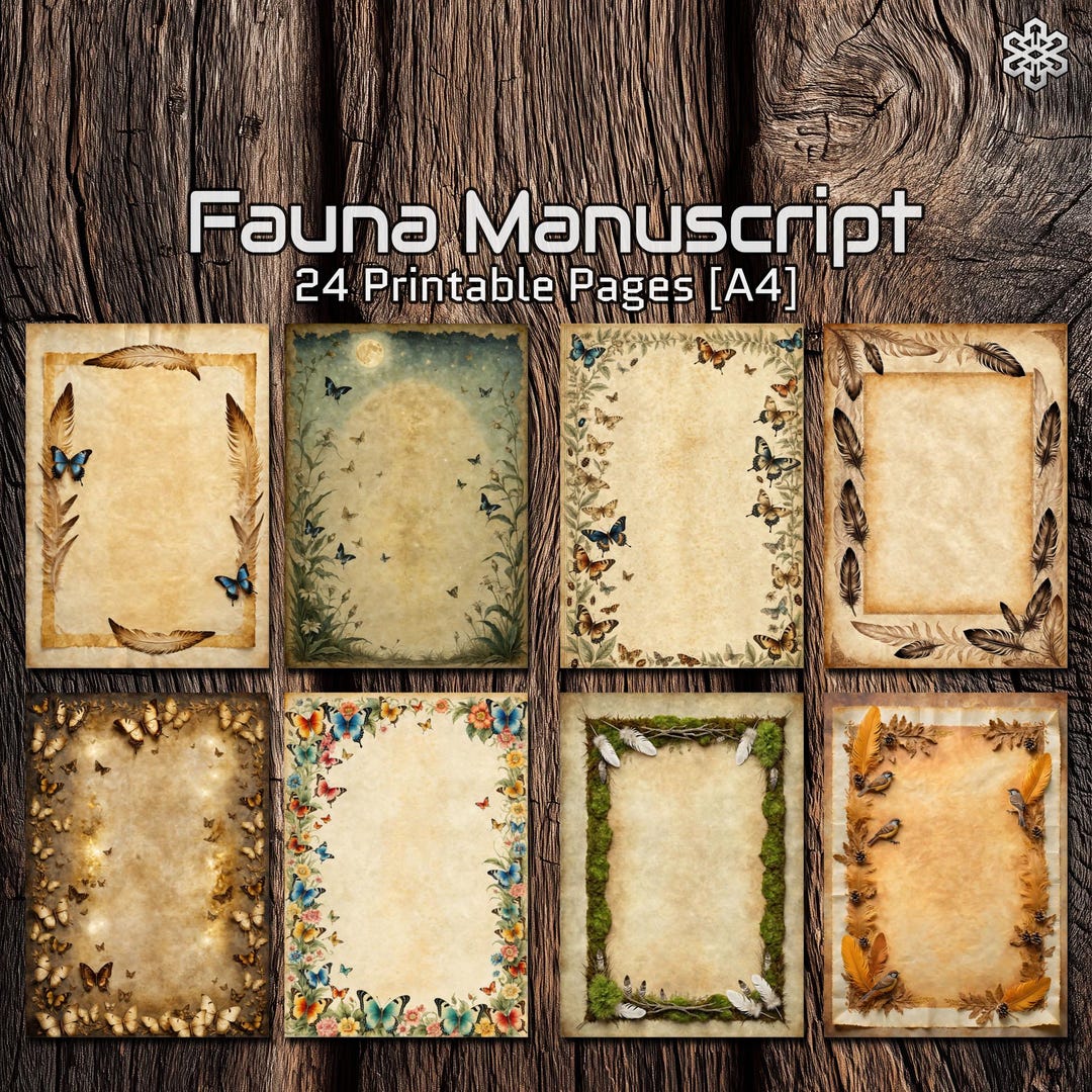 Fauna Manuscript – 24 Vintage Printable A4 Pages | Butterfly & Feather ...