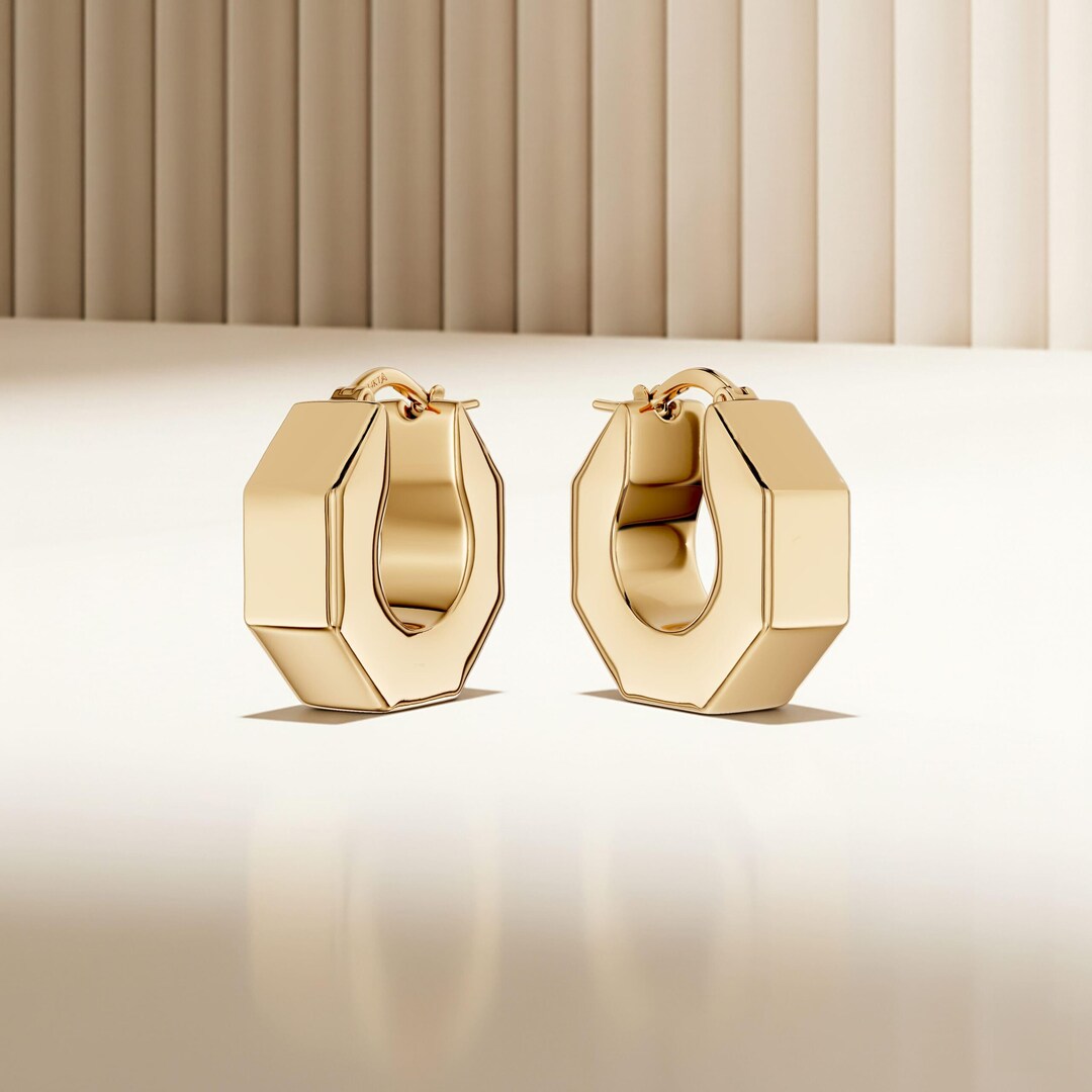 Geometric Octagon Hoop Earrings, Chunky 14K Recycled Gold Hoops - Etsy