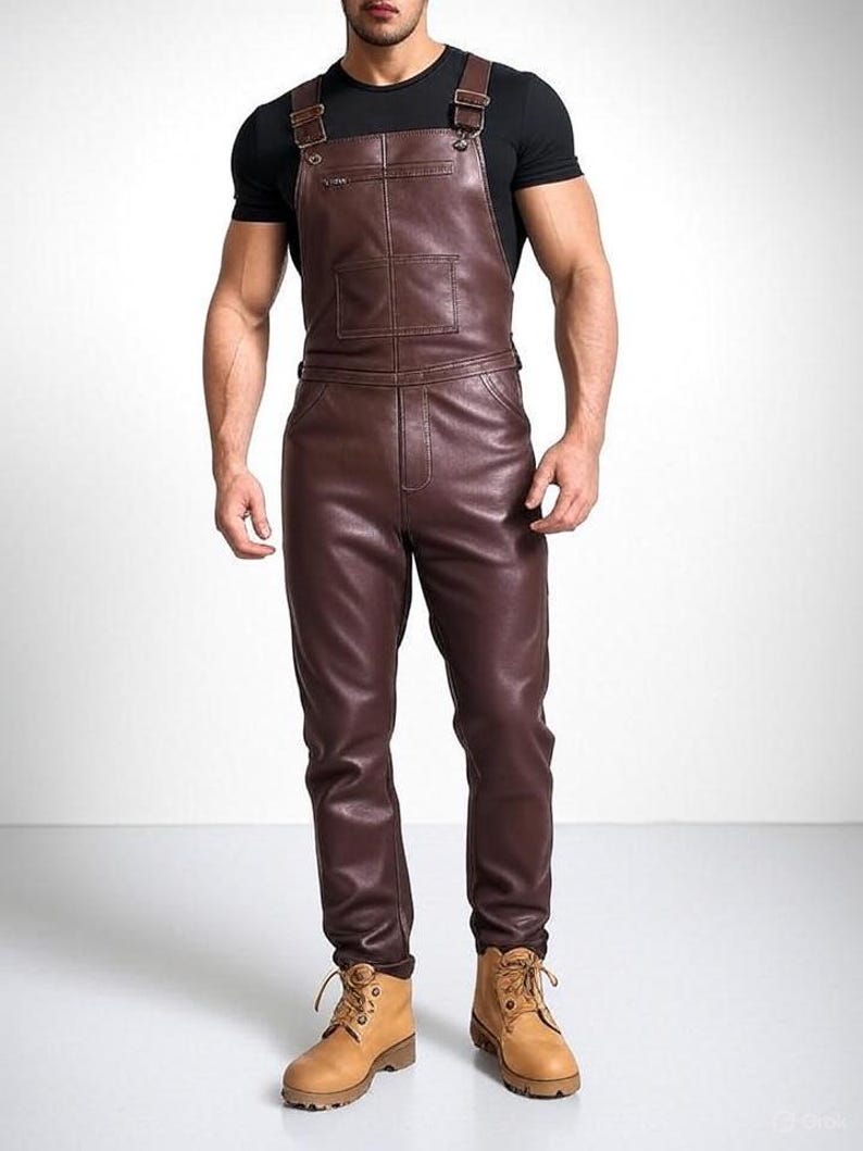 Herren Overall aus braunem Leder - Overall aus echtem Leder mit Cargo ...