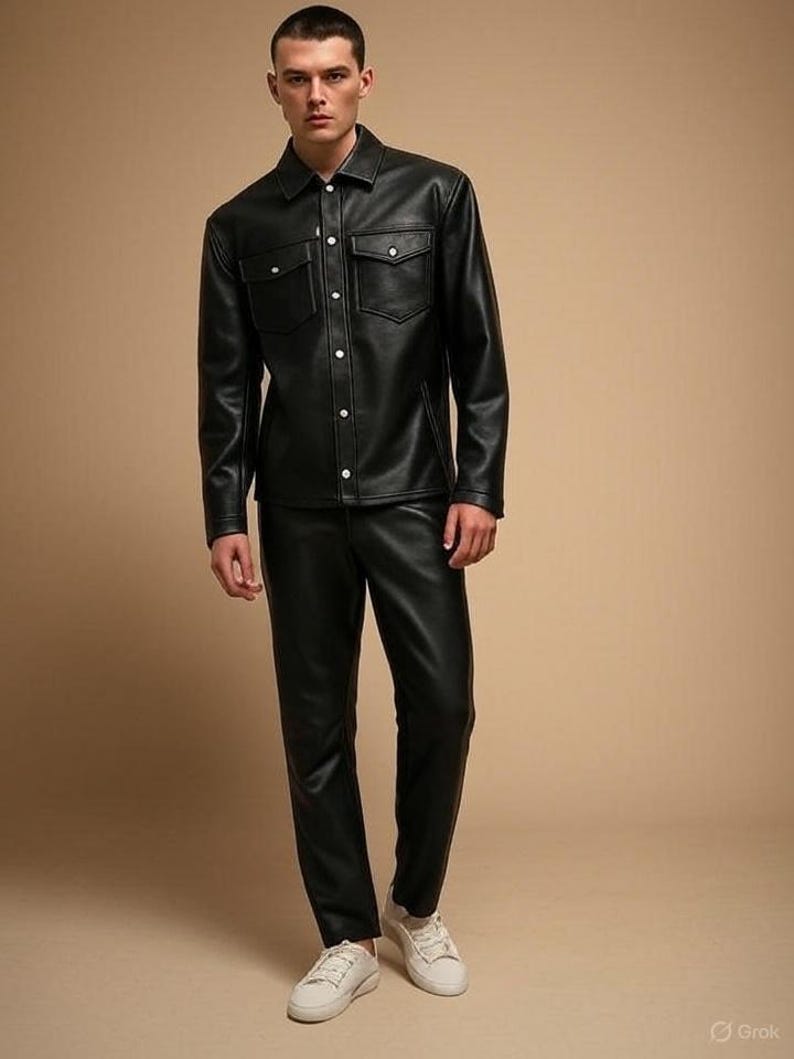 Men's Blue Brown Black Leather Jacket and Pants Set, Shiny Finish Retro ...