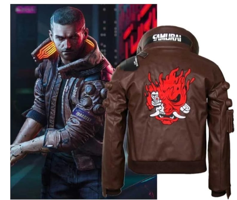 Cyberpunk V Jacket Samurai Brown Leather Bomber | Men's Gaming ...