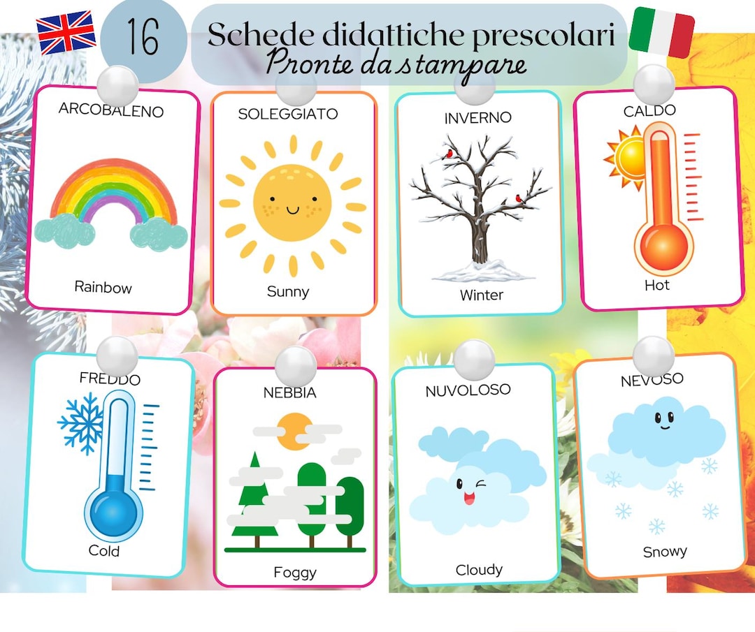 Weather Flashcard Italian - English | Bilingual Educational Flashcards ...