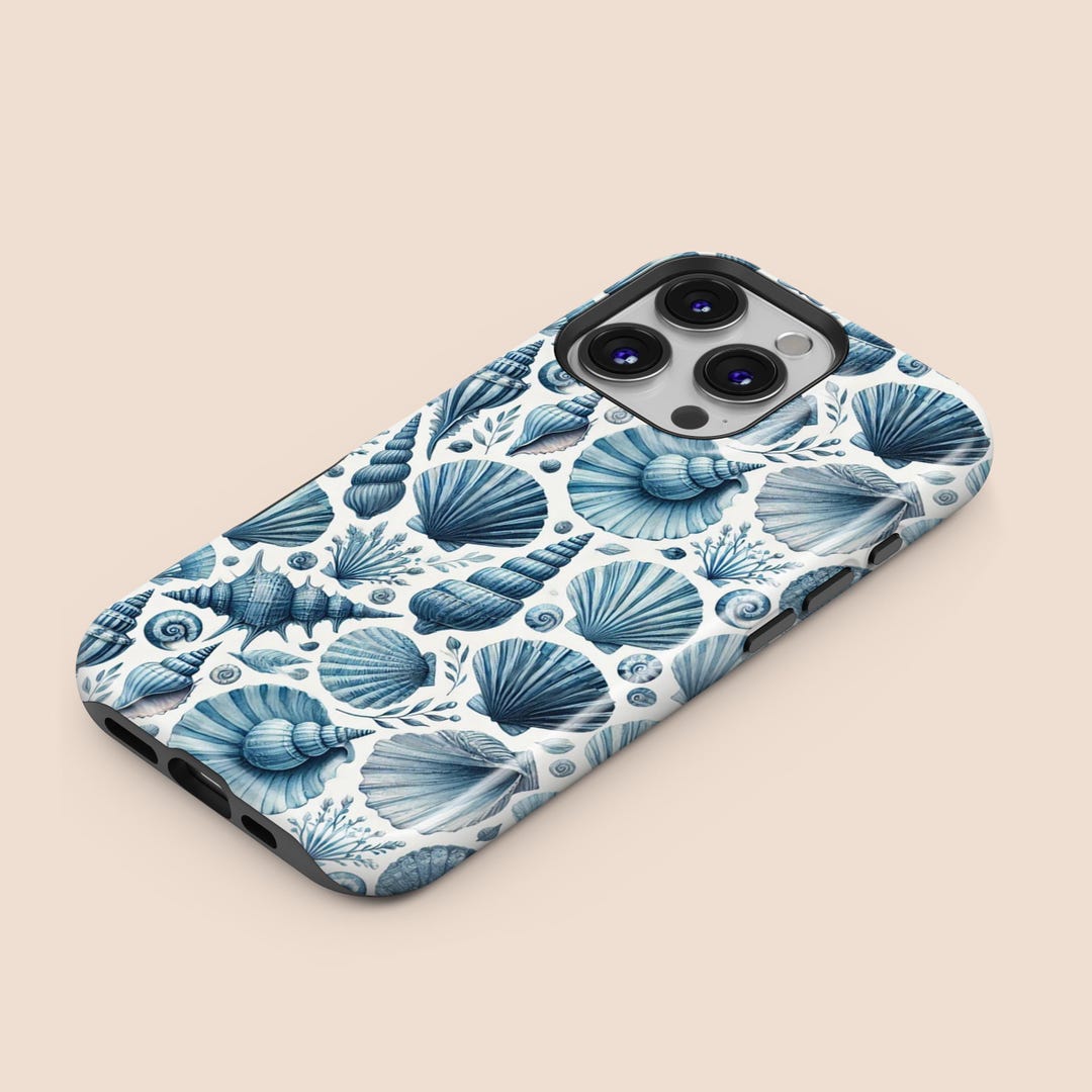 Watercolor Blue Sea Shells Phone Case, iPhone 16 15 14 13 12 11 7 8 X ...