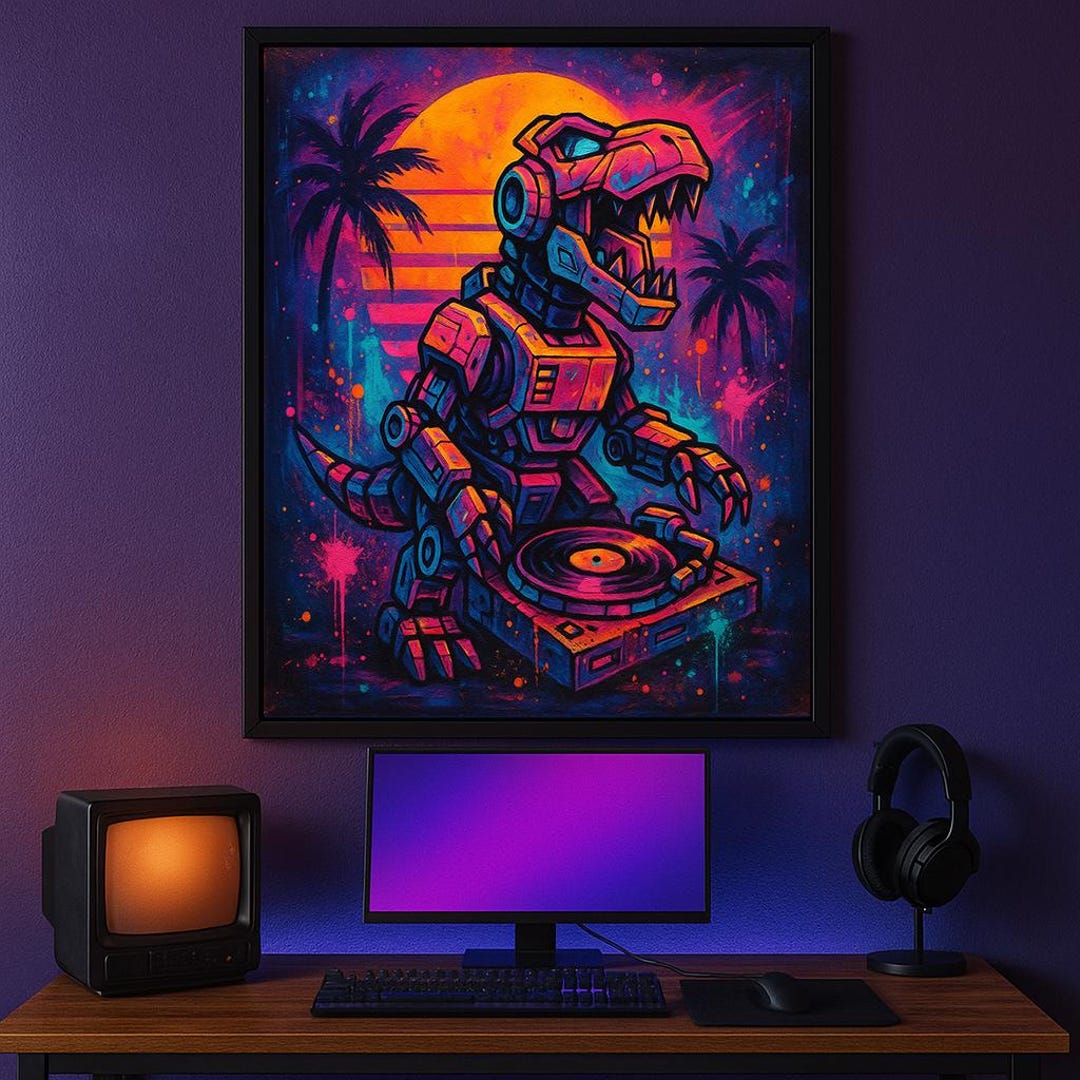 Vaporwave Mech Dinosaur Art Print: Retro Cyberpunk Gamer Decor (digital ...
