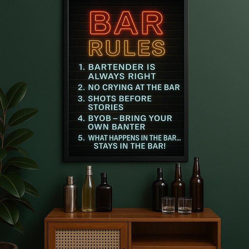 Bar Rules Wall Art - Funny Neon Bar Sign Printable - Man Cave Decor ...