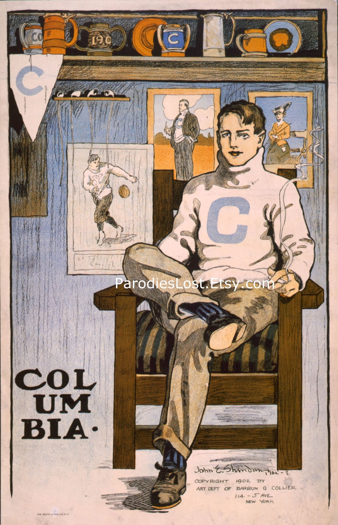 COLUMBIA COLLEGE ATHLETE Poster 1902 University Student Fraternity ...