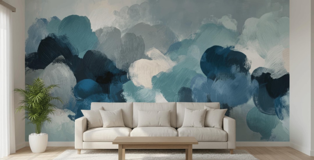 Blue Mist Abstract Mural Wallpaper – Modern Brushstroke Wall Art, Navy ...
