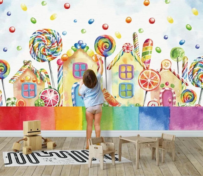 Pastel Candyland Wallpaper Mural – Sweet Themed Design for Kids’ Room ...