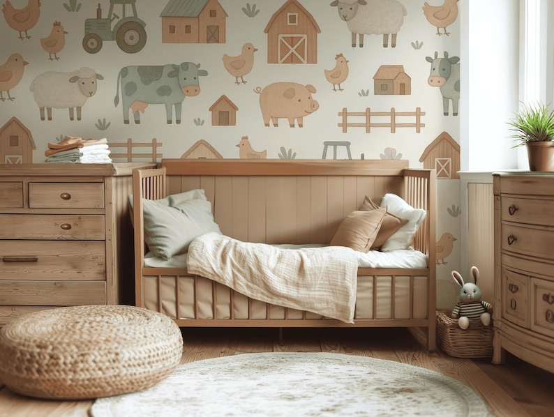 Rustic Farm Animals Nursery Mural Wallpaper – Barnyard Kids Room Wall ...