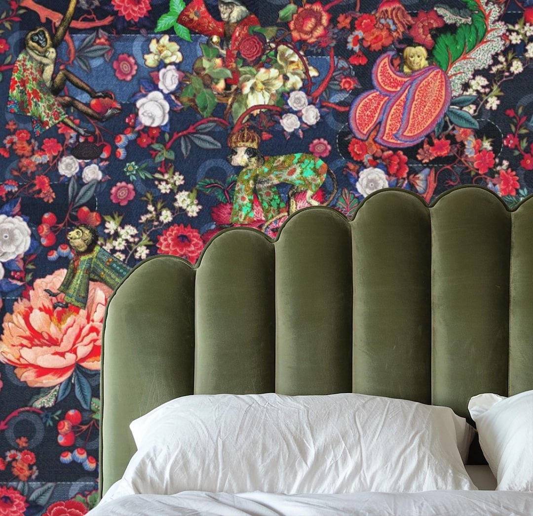 Navy Monkey Jungle Wall Mural – Botanical Emperor Monkey Wallpaper for ...