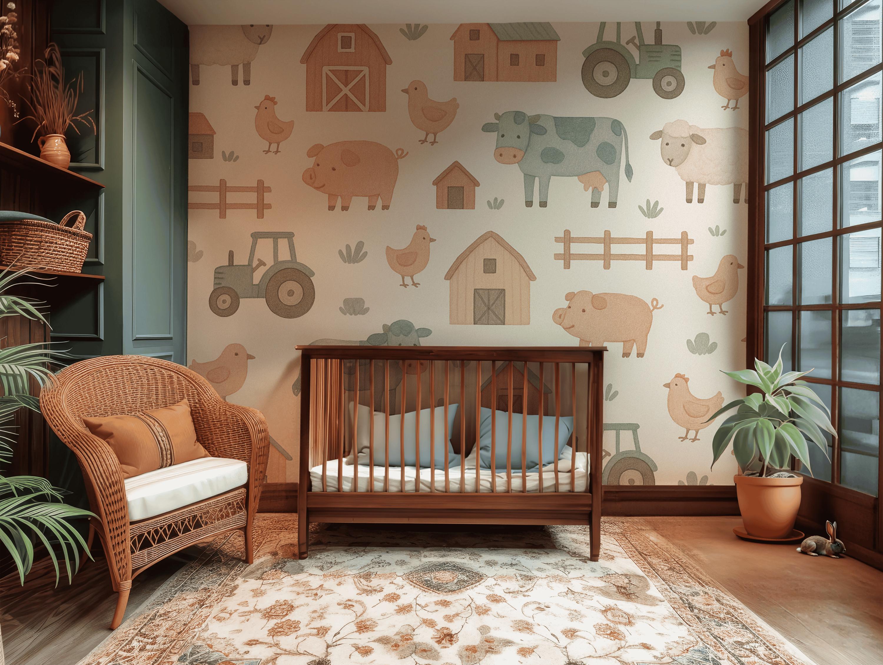Rustic Farm Animals Nursery Mural Wallpaper – Barnyard Kids Room Wall ...