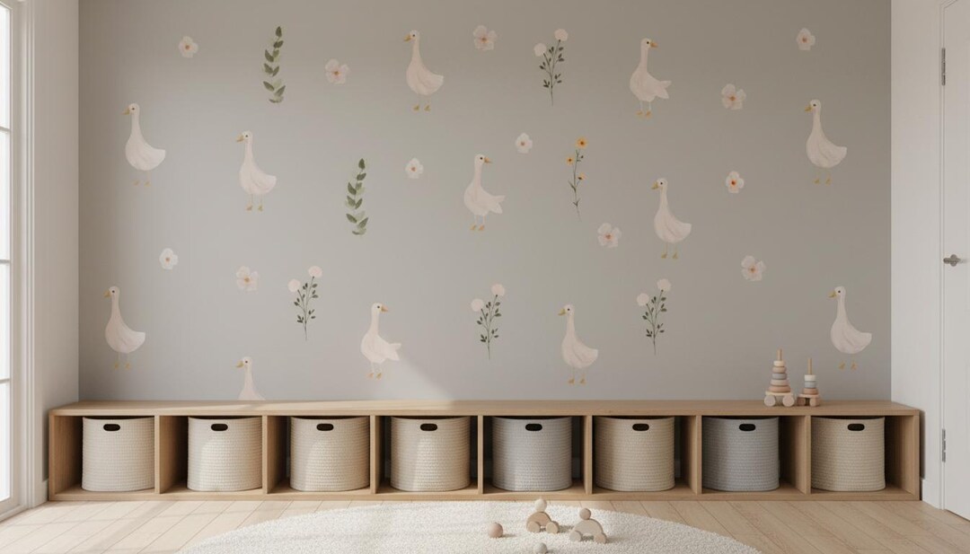 Neutral Duck & Floral Wall Stickers – Scandinavian Nursery Decals - Etsy