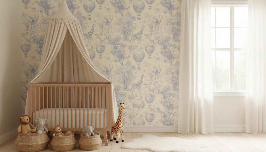 Blue Safari Toile Nursery Wallpaper Mural – Giraffe & Hot Air Balloon ...