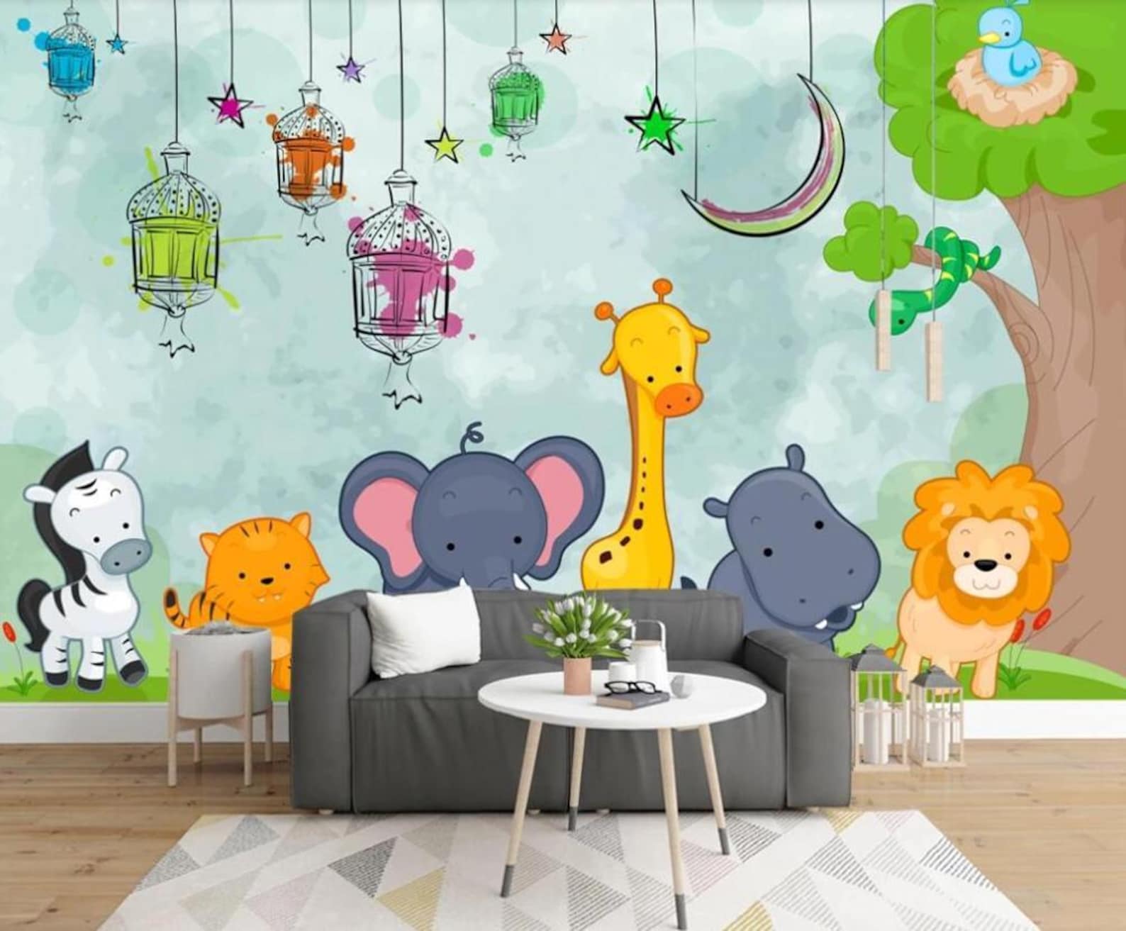 Cartoon Zoo Animals Mural Wallpaper – Colourful Jungle Safari Wall Art ...