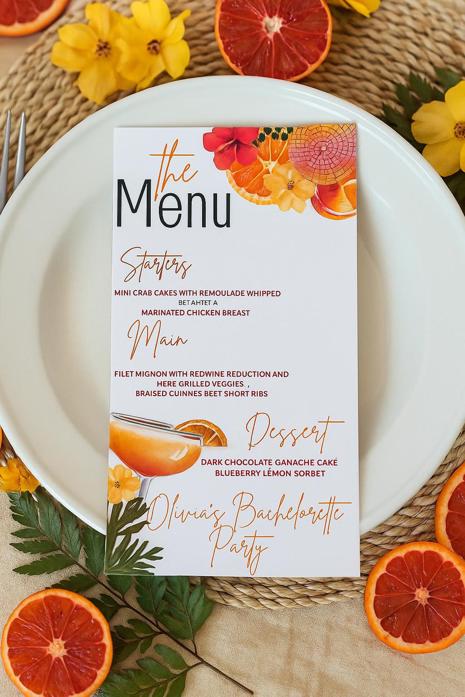 Tropical Citrus Bachelorette Party Menu Template | 4x9" Printable ...