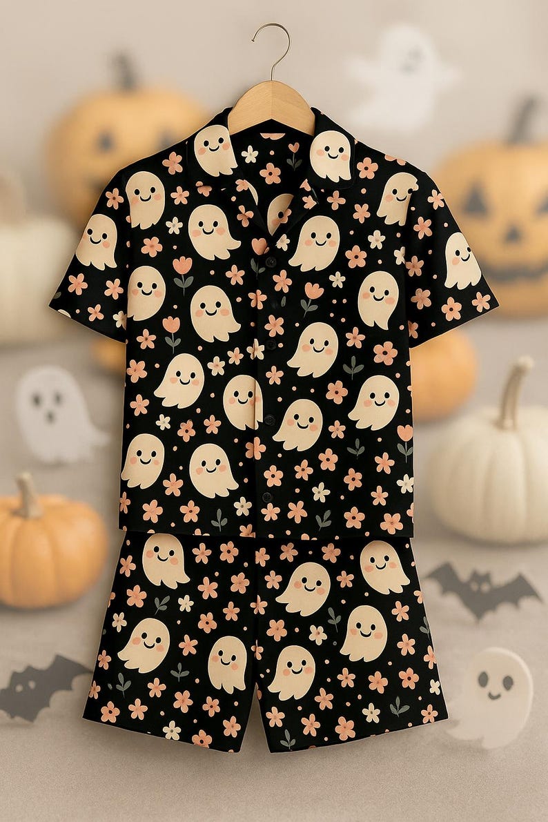 Floral Ghost Shirt and Shorts Set, Kawaii Halloween Pajamas, Spooky ...