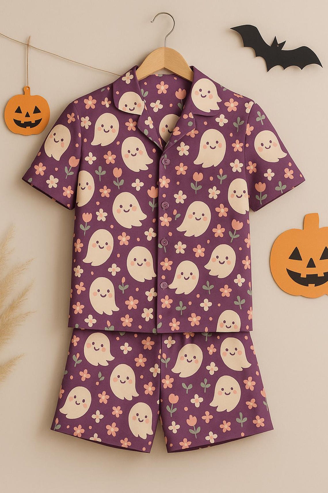 Floral Ghost Shirt and Shorts Set, Kawaii Halloween Pajamas, Spooky ...