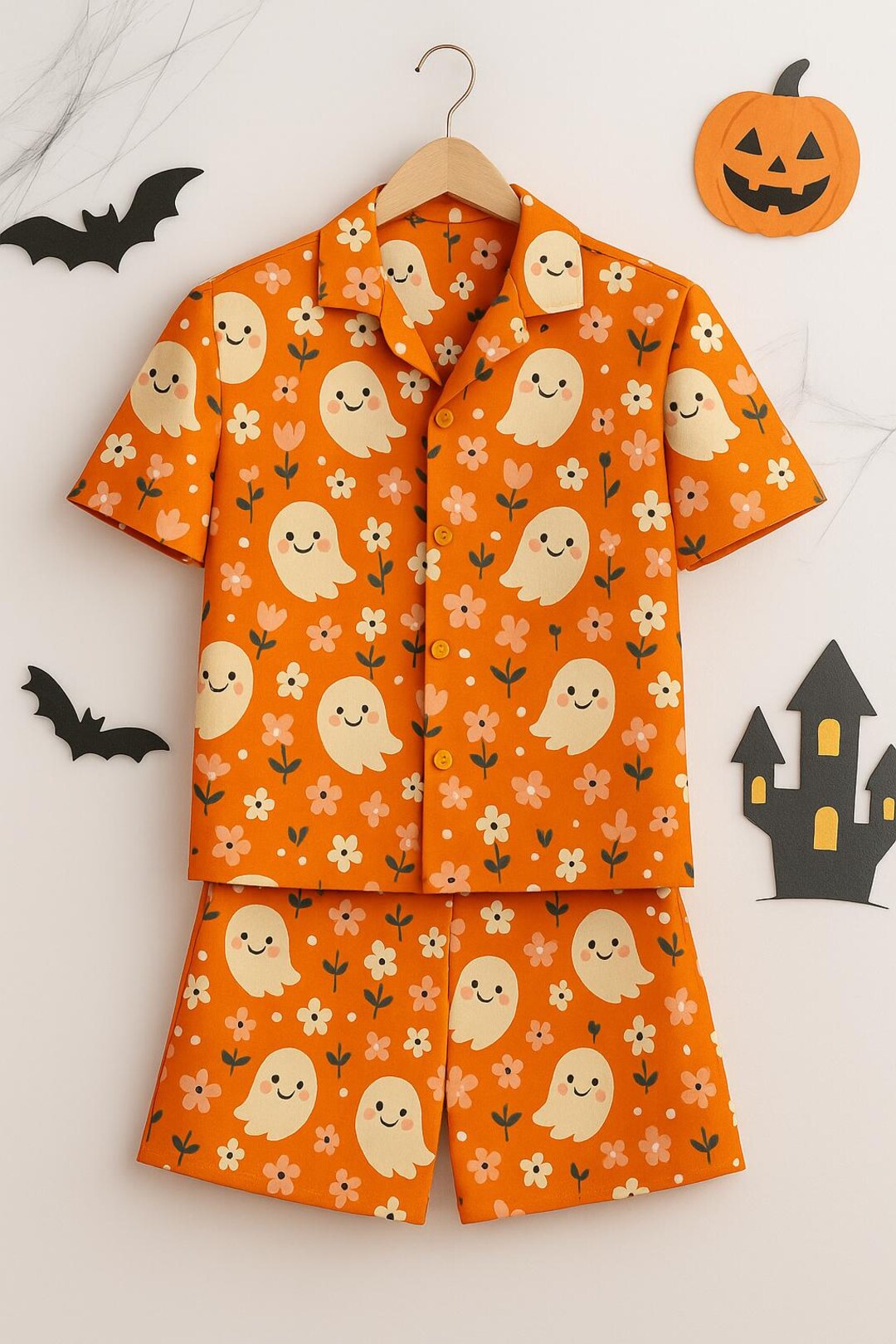 Floral Ghost Shirt and Shorts Set, Kawaii Halloween Pajamas, Spooky ...