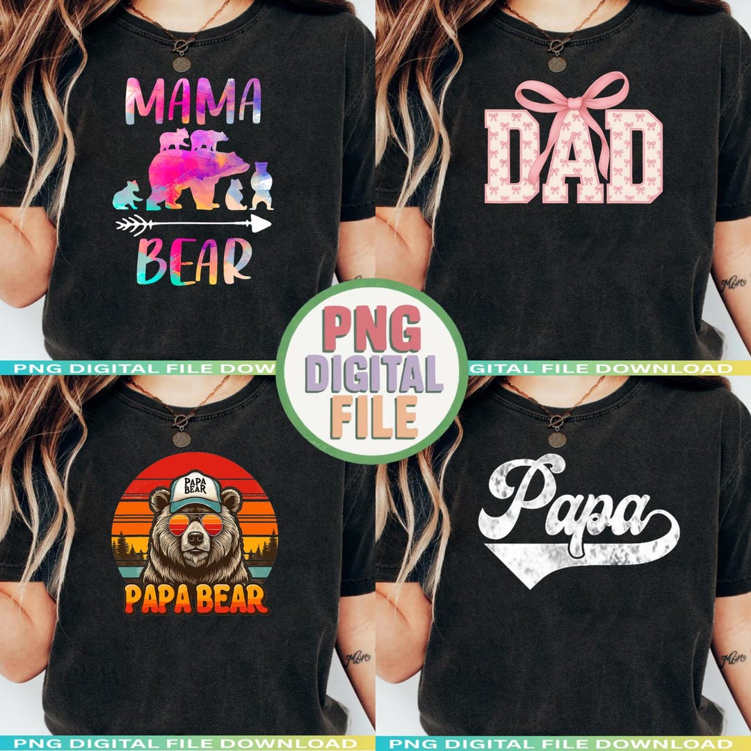 Vintage Papa Designs PNG Bundle, Retro Sunset Cool Dad, Mama Bear Five ...
