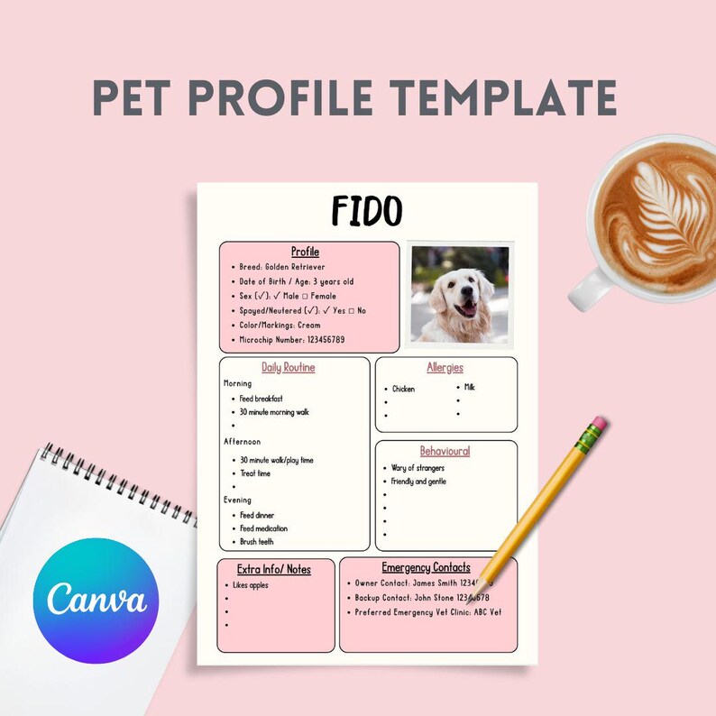 Editable Pet Profile Template | Printable Pet Info Sheet for Sitters ...