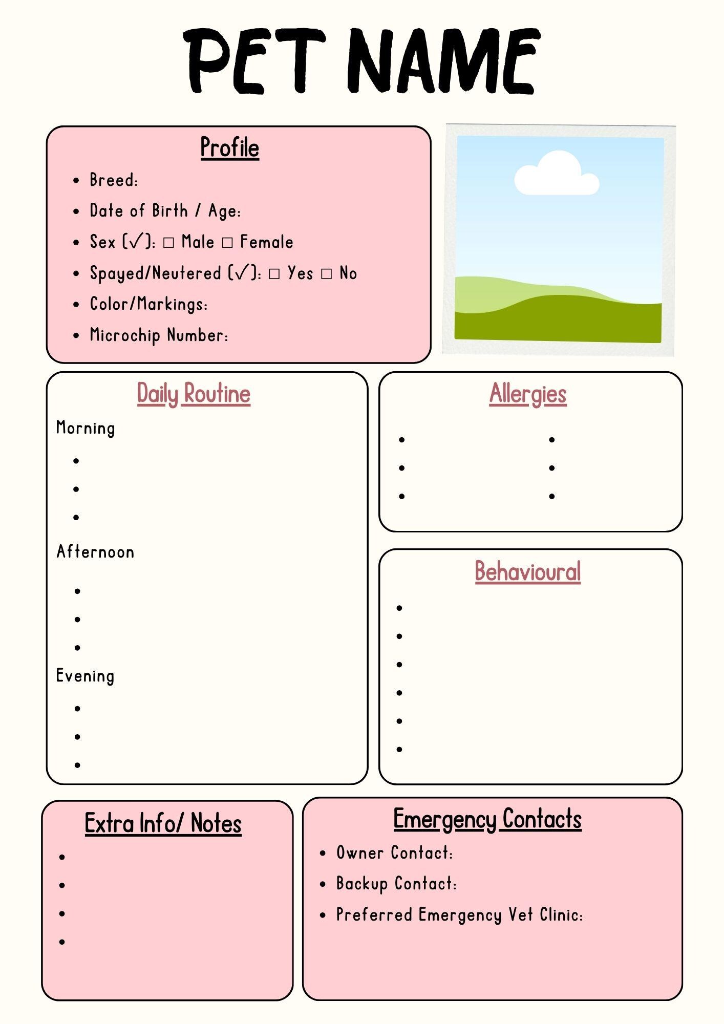 Editable Pet Profile Template | Printable Pet Info Sheet for Sitters ...