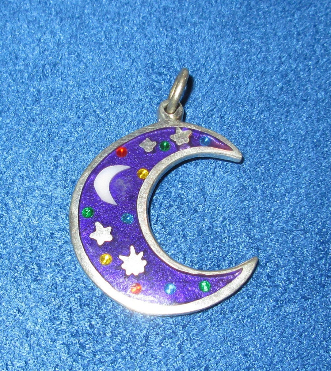 Pewter Moon Pendant With Enamel Inlay Including Stars, Moon, Gemstone ...