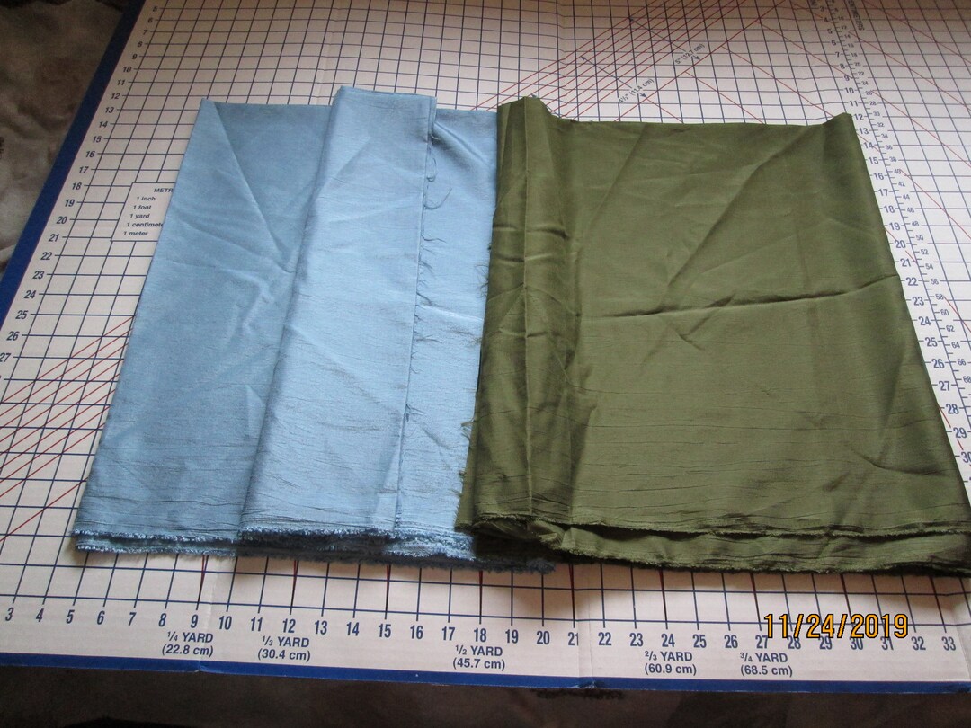 Two Cuts of Thin, Slick Polyester Fabric, Olive Green and Light Blue ...