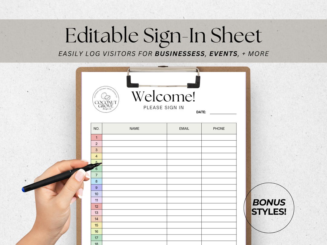 Editable Sign in Sheet, Spa Client Check in Template, Printable Office ...