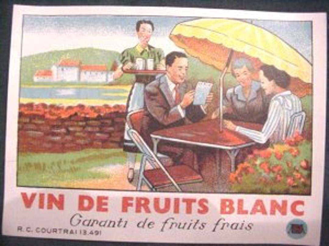1920s French Wine Vin De Fruits Bottle Label Seaside Outdoor Restaurant ...
