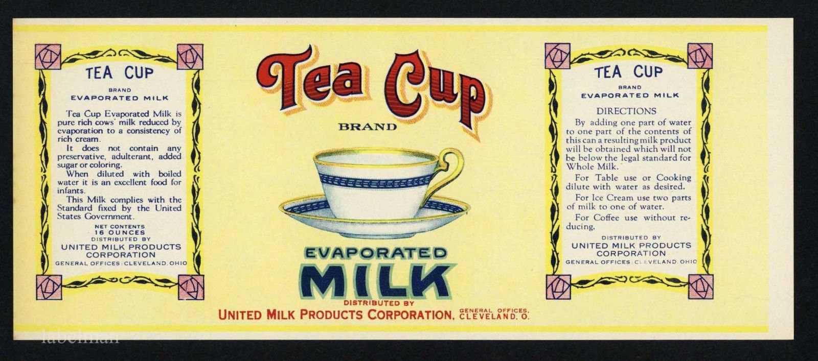 1920s Tea Cup Evaporated Milk Vintage Antique Can Label Cleveland OH ...