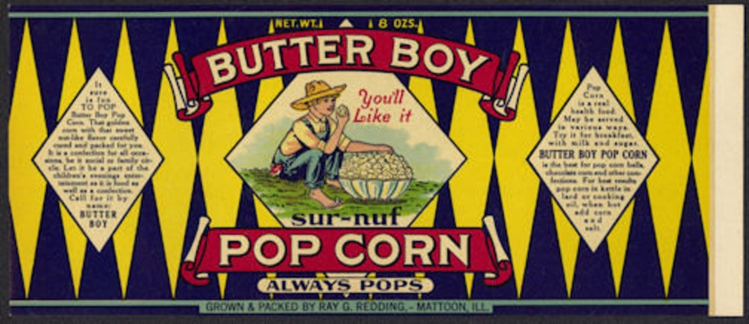 1920s Scarce Butter Farm Boy Popcorn Ray Reding Mattoon IL Illinois ...