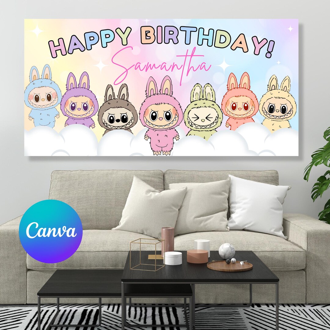 Labubu Birthday Banner, Editable Labubu Wall Backdrop, Labubu Party ...