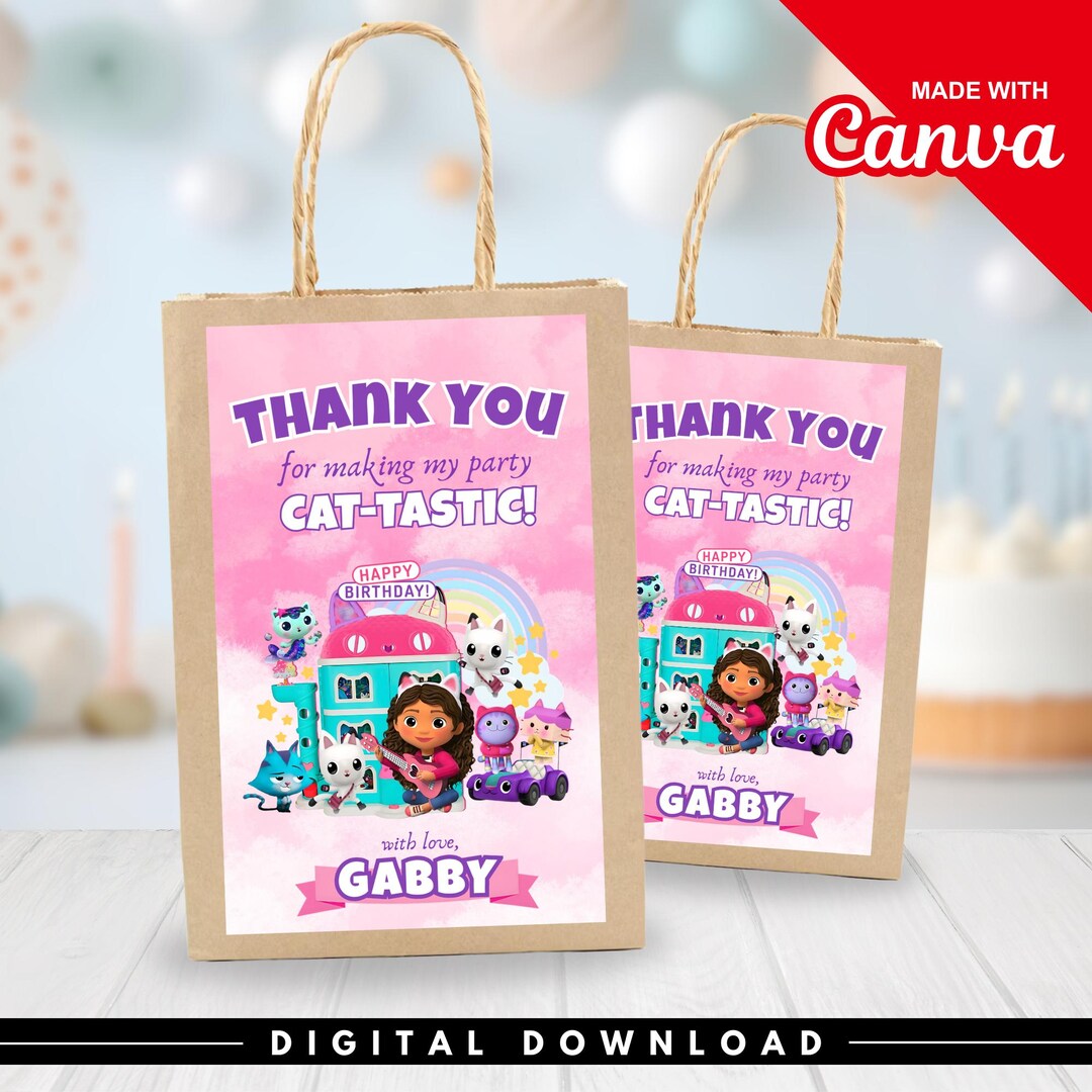 Gabby Doll Birthday Party Bag Label, Dollhouse Gift Bag Label, Gabby ...
