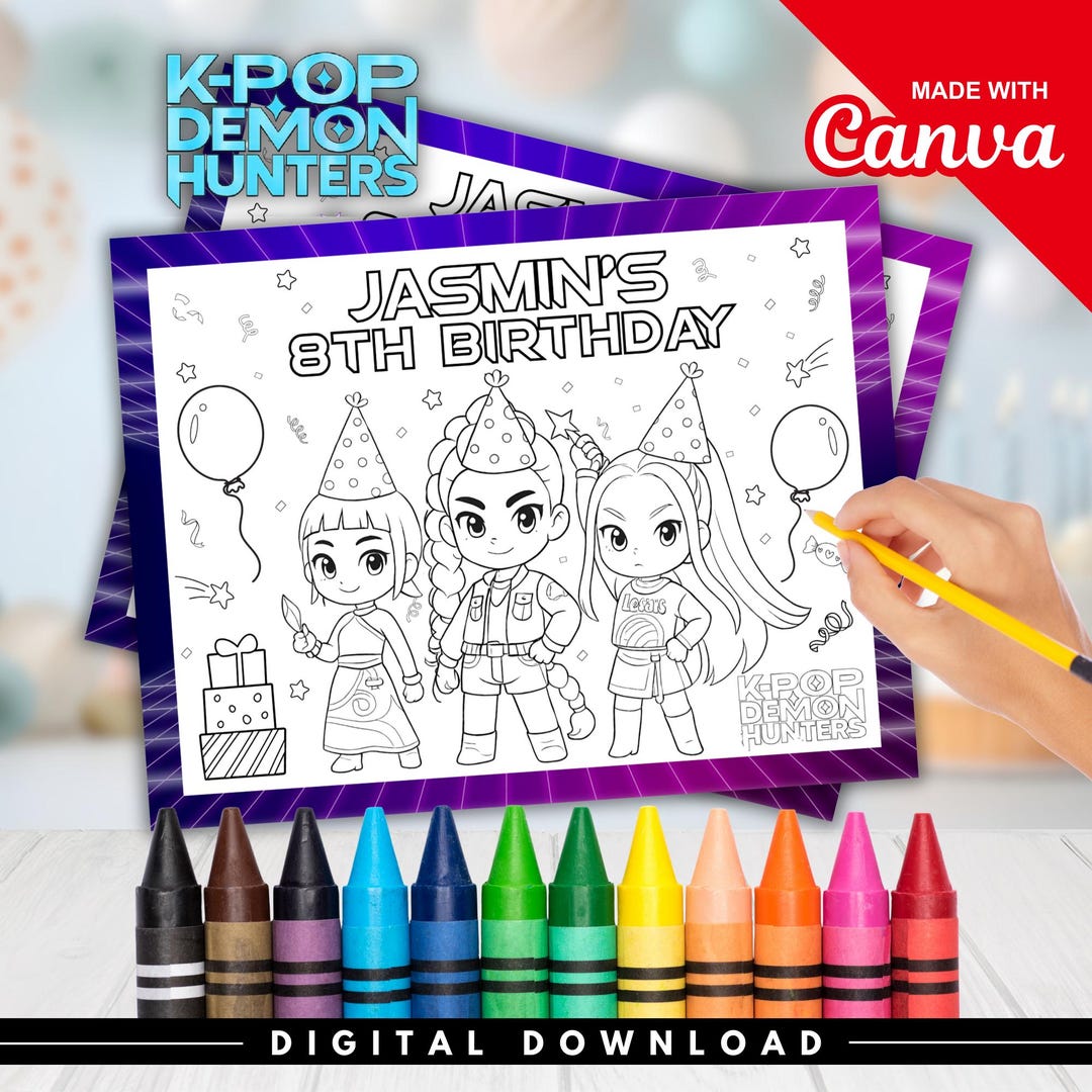 Kpop Demon Hunter Birthday Party Coloring Sheet, Demon Hunter Printable ...