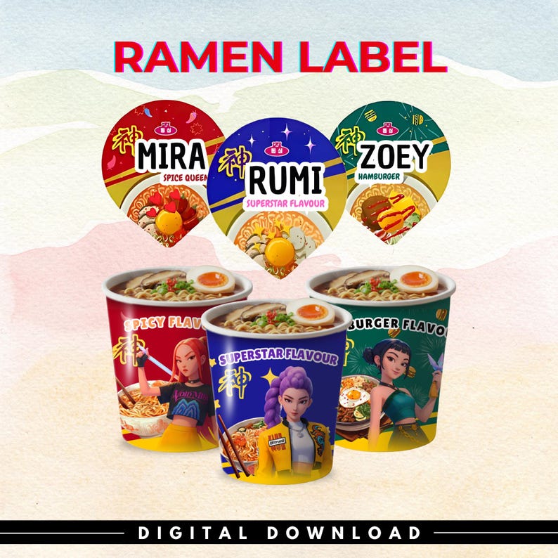Editable Kpop Demon Hunter Ramen Labels, Rumi Mira Zoey Ramyeon Cup ...