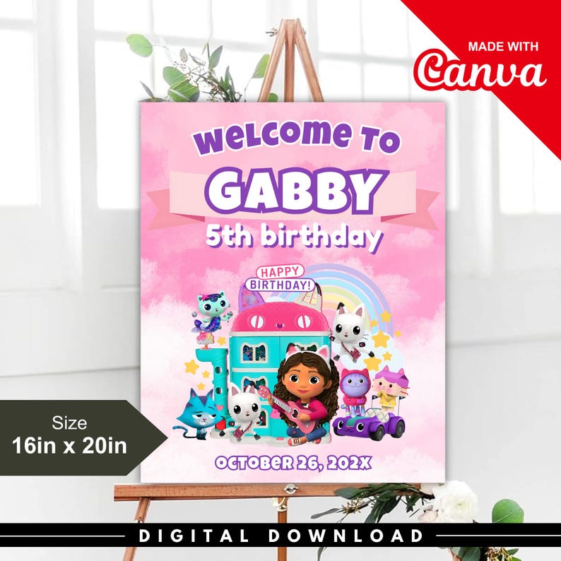 Editable Gabby Doll Birthday Welcome Sign Template, Dollhouse Welcome ...