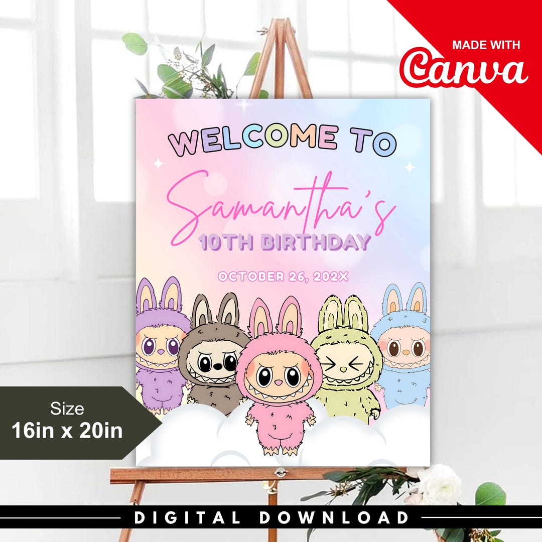 Labubu Birthday Welcome Sign Template, Editable Labubu Welcome Poster ...