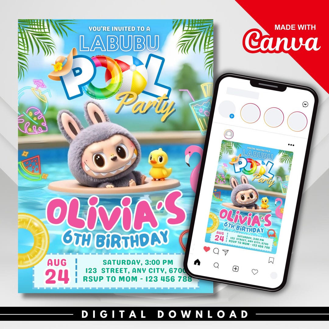 Labubu Pool Party Invitation, Labubu Birthday Invitation, Editable ...