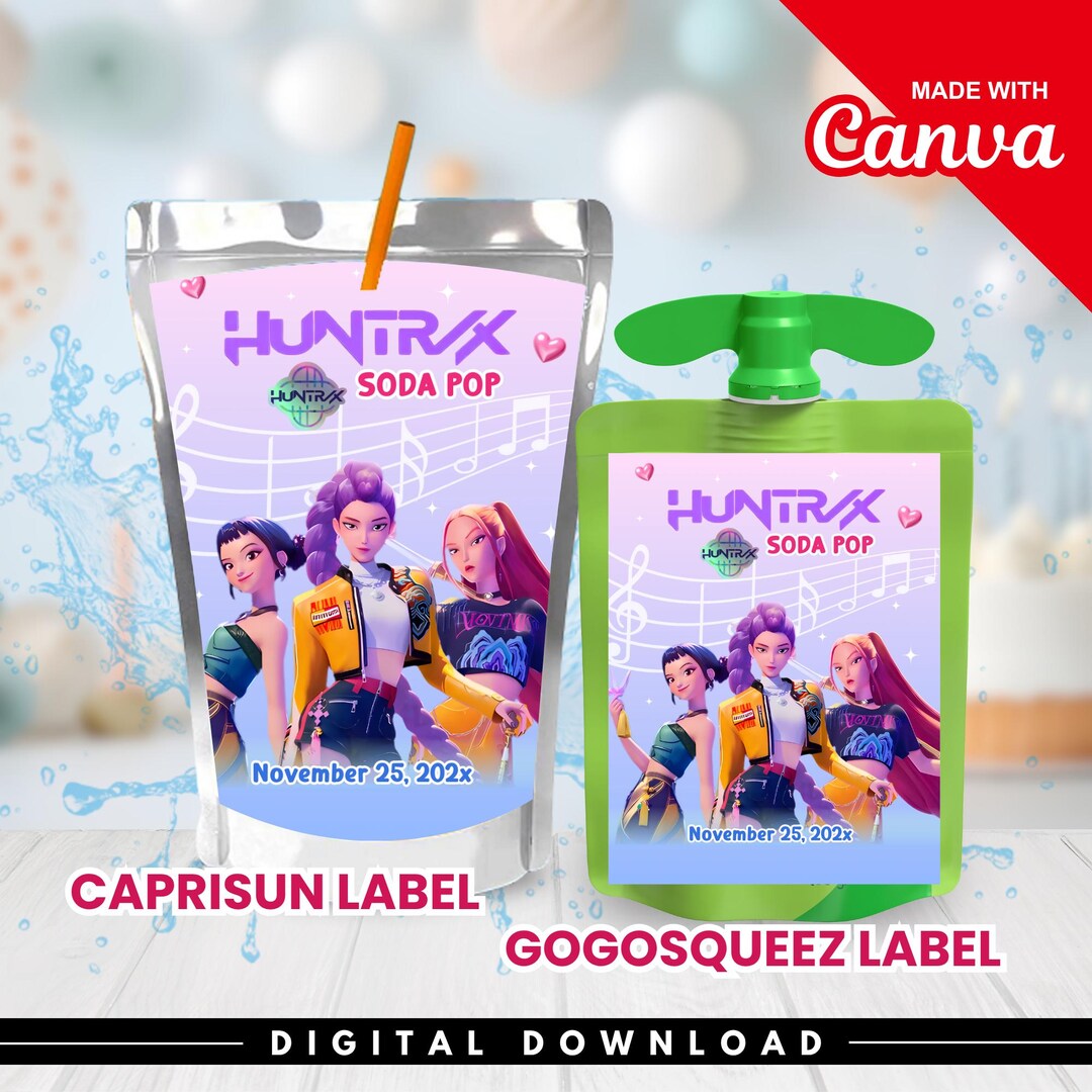 Kpop Demon Hunters Huntrix Juice Label, Tonic Drink Wrap, Gogo Squeez + Caprisun Juice Label ...