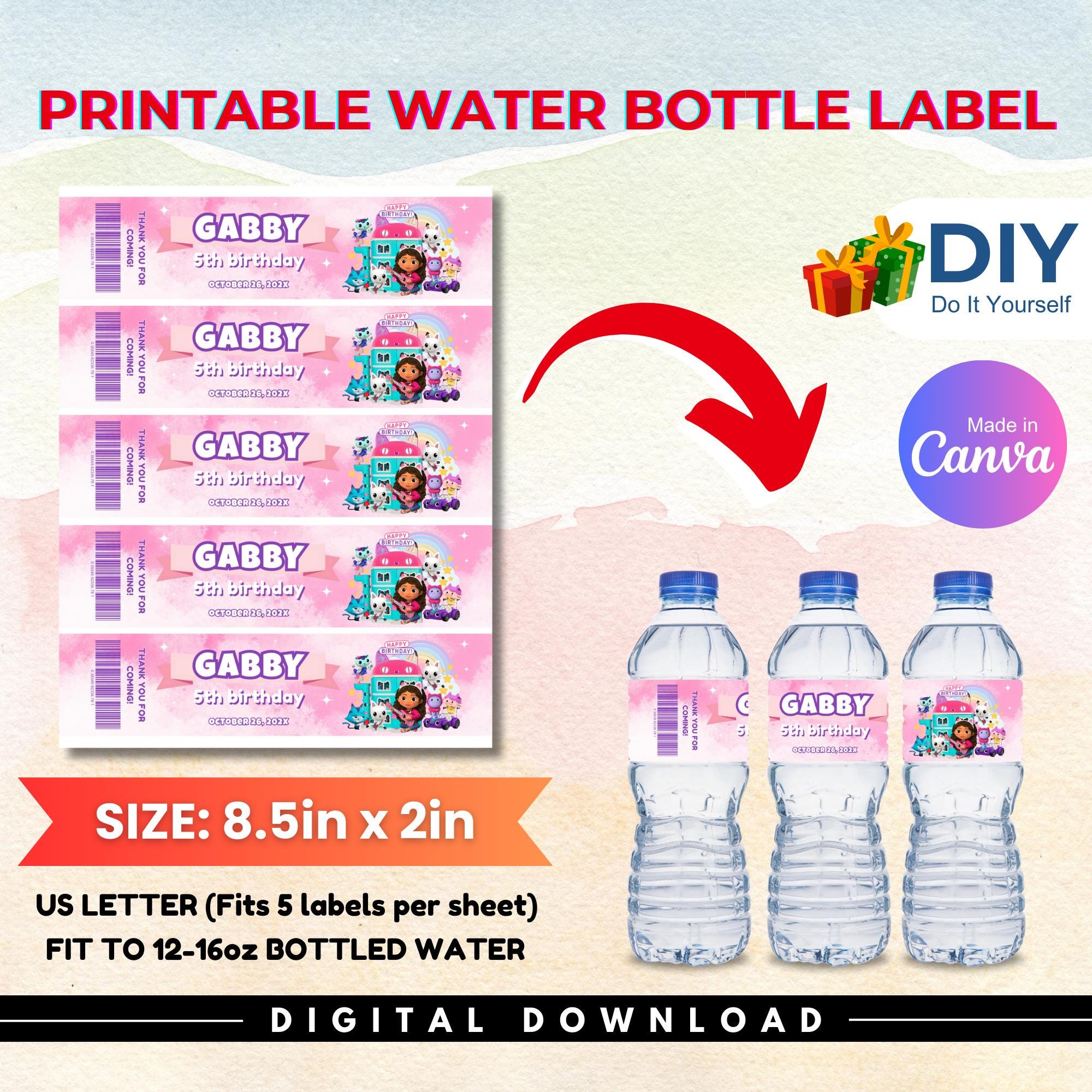 Gabby Doll Water Bottle Label, Dollhouse Caprisun Juice Label, Gabby ...
