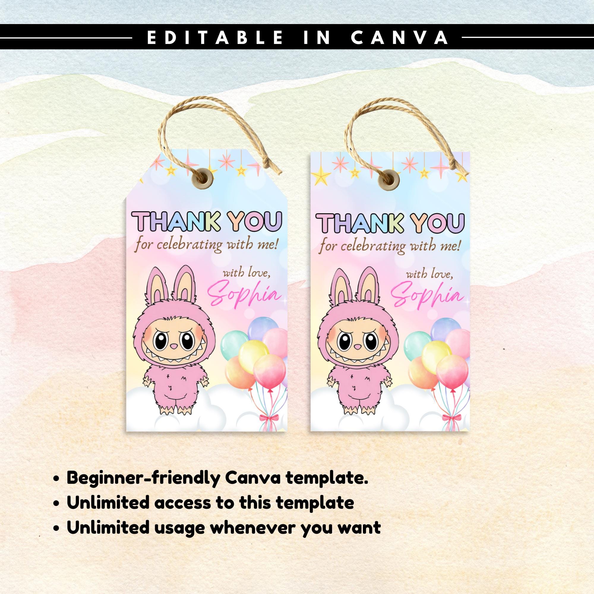 Labubu Thank You Tags, Editable Labubu Gift Tags, Labubu Monster Party ...