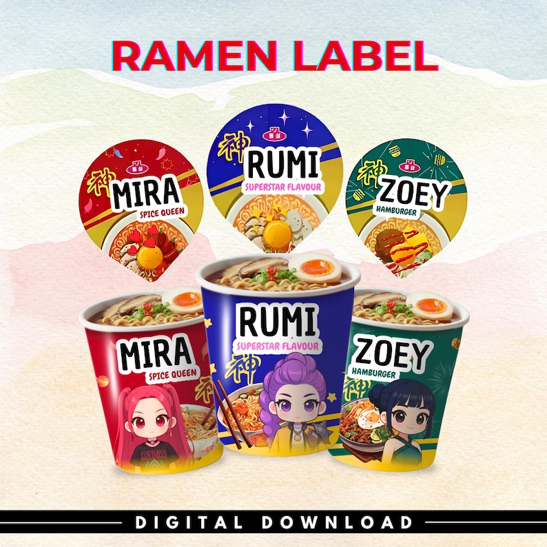 Kpop Demon Hunters Cup Noodle Labels, Rumi Mira Zoey Ramen, Huntrix ...