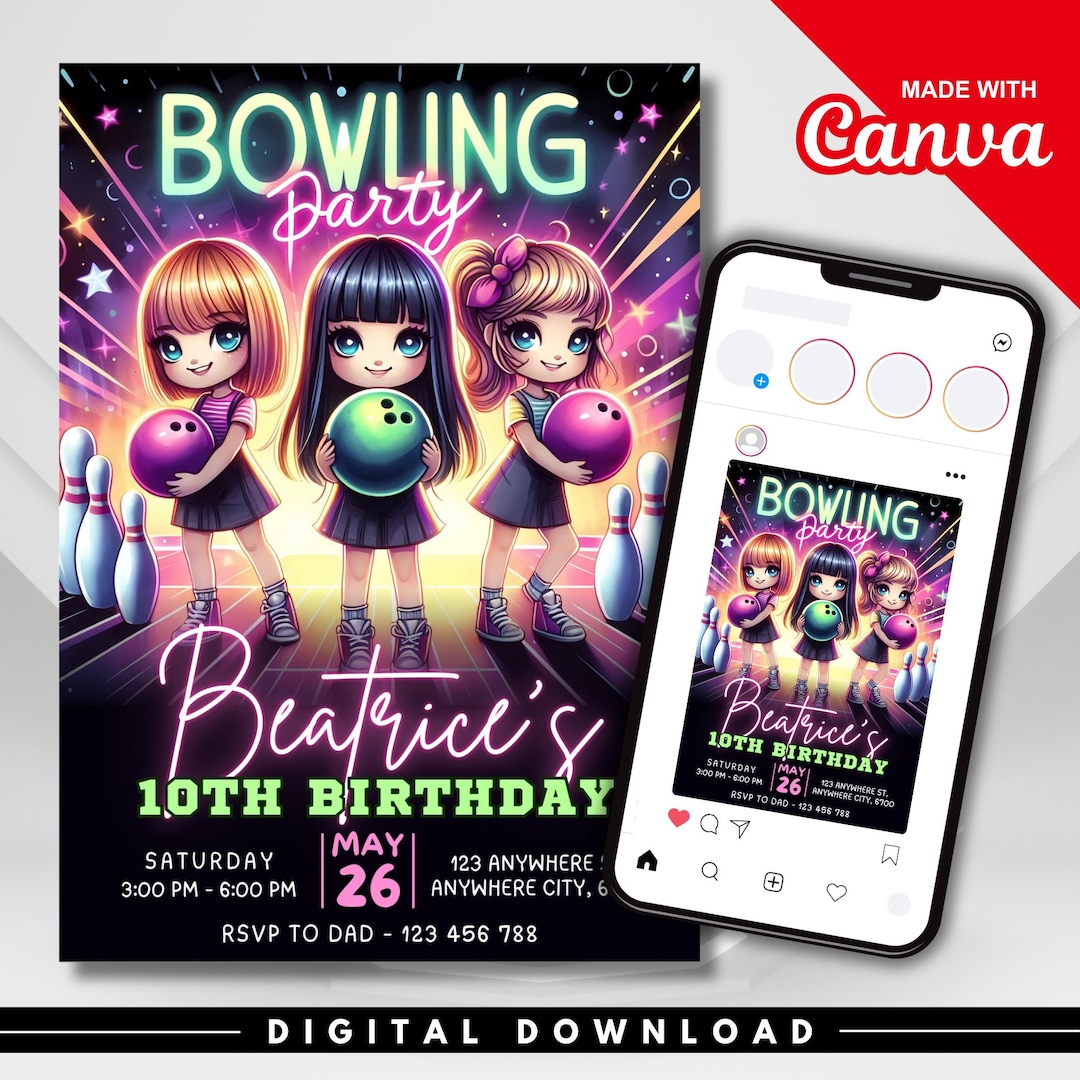 Girl Bowling Birthday Invitation, Let's Strike up Some Fun, Girls Party ...