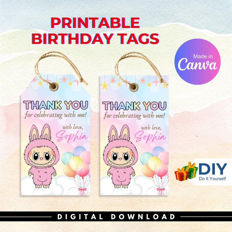Labubu Thank You Tags, Editable Labubu Gift Tags, Labubu Monster Party ...