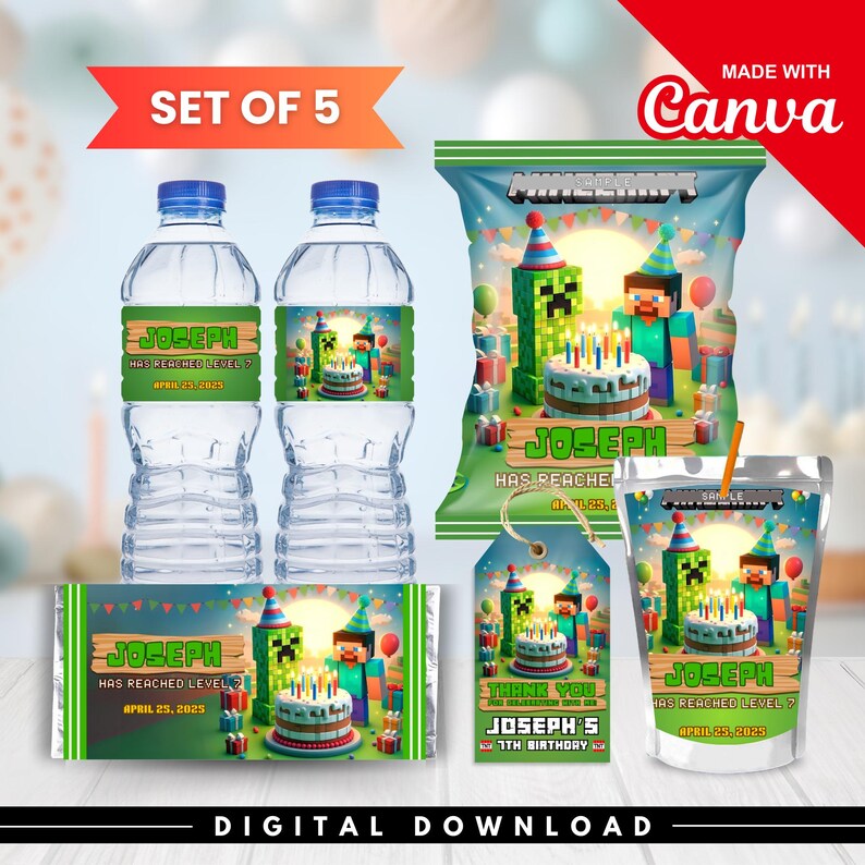 Minecrafter Birthday Bundle, Editable Minecrafter Party Favors, Chip ...