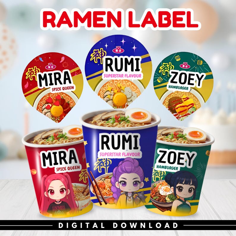 Kpop Demon Hunters Cup Noodle Labels, Rumi Mira Zoey Ramen, Huntrix ...