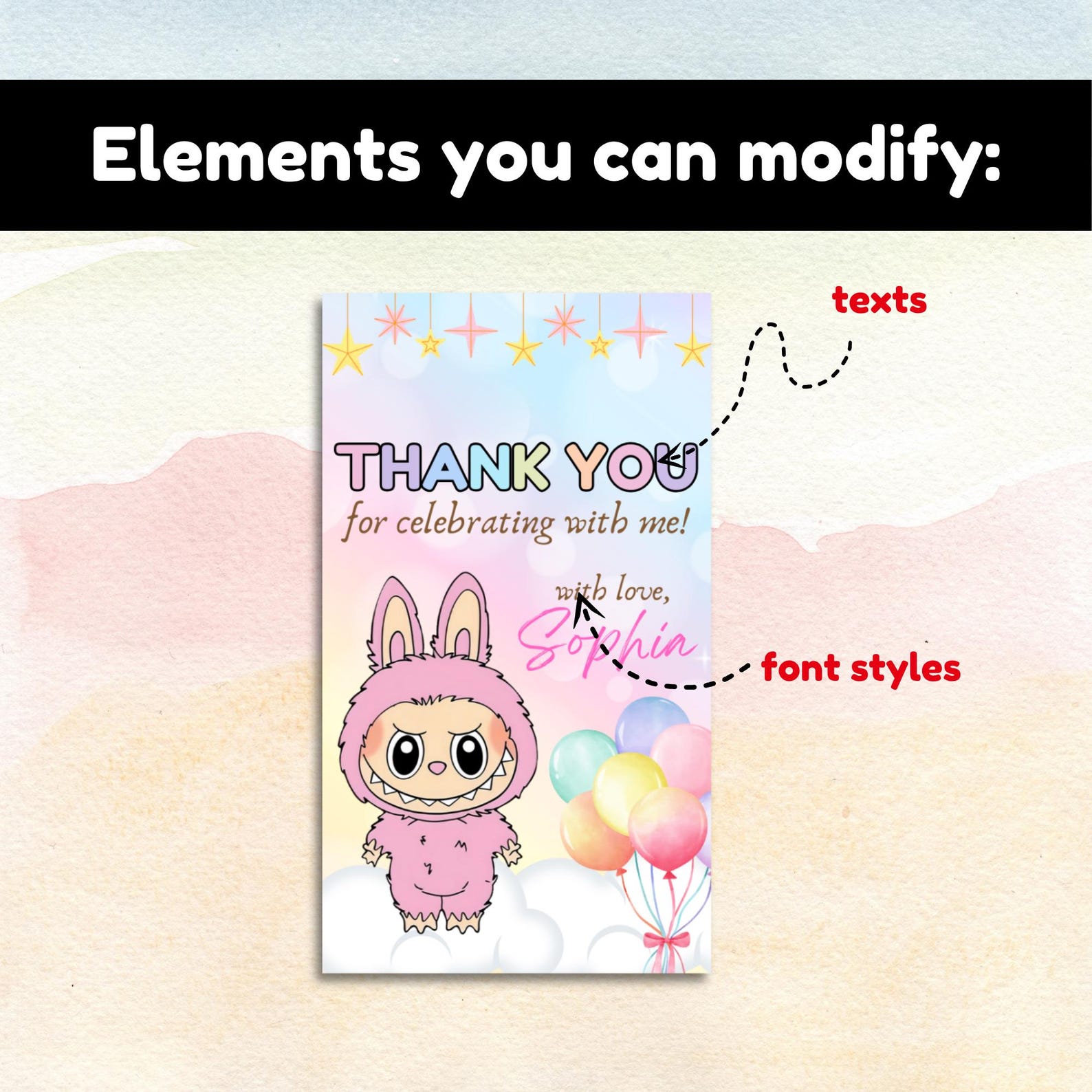 Labubu Thank You Tags, Editable Labubu Gift Tags, Labubu Monster Party ...