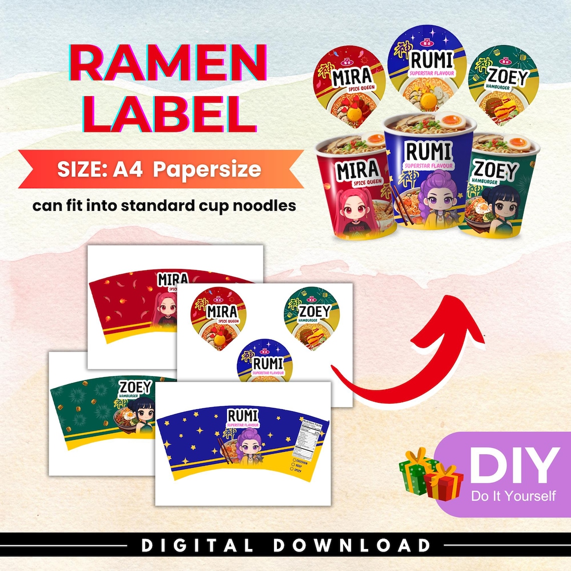Kpop Demon Hunters Cup Noodle Labels, Rumi Mira Zoey Ramen, Huntrix ...